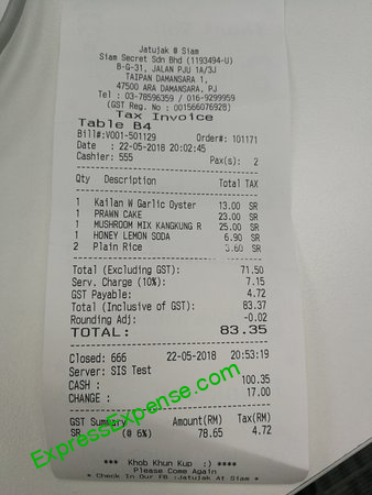 Receipt Picture Of Jatujak Siam Bangkok Street Food Petaling