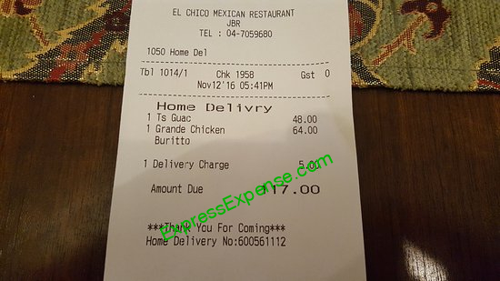 Receipt Picture Of El Chico Mexican Food Restaurant Dubai