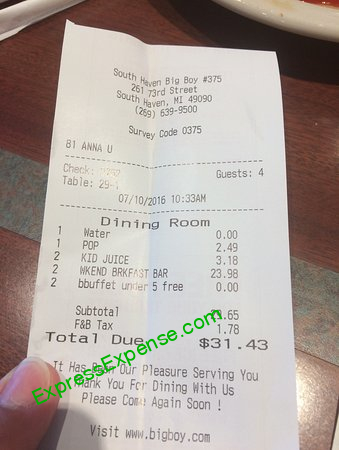 Pricey Buffet Receipt Picture Of Big Boy Restaurants South Haven